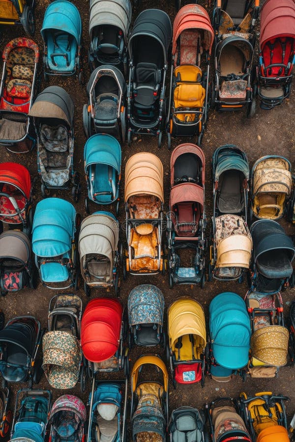 Colorful Display of Various Baby Strollers Arranged Neatly Outdoors in ...