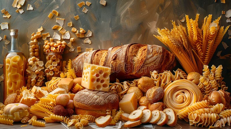 A Delightful Assortment of Pasta, Cheese, and Bread on a Rustic Kitchen ...