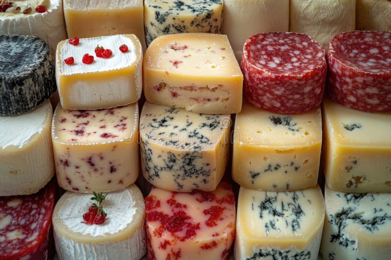 A Colorful Display of Various Cheeses Arranged Together Stock Photo ...