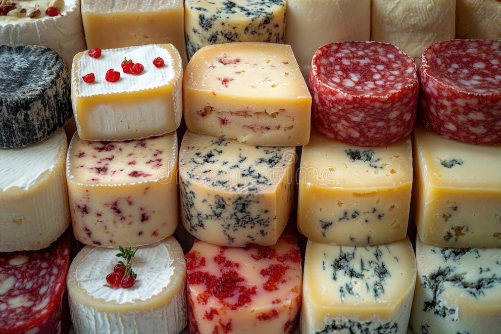 A Colorful Display of Various Cheeses Arranged Together Stock Photo ...