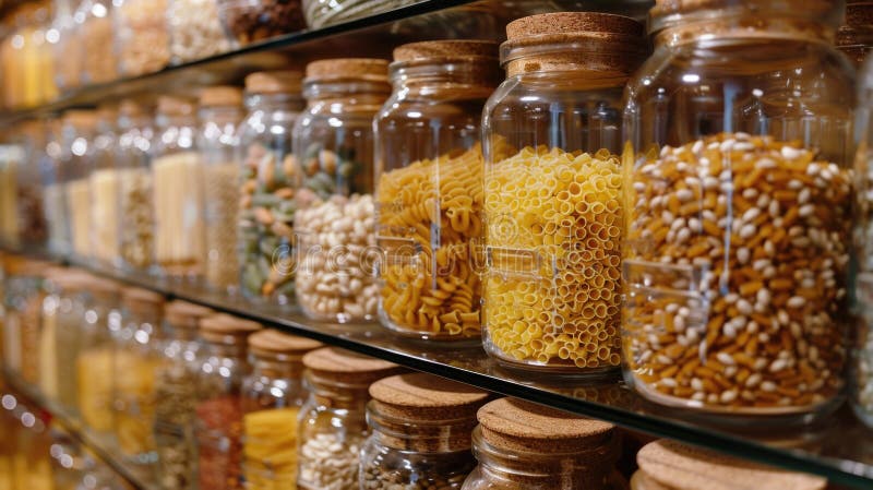 A Colorful Display of Various Food Items on a Shelf Stock Photo - Image ...