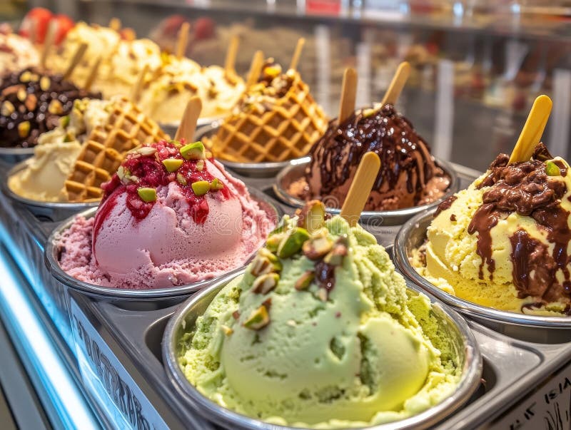 A Colorful Display of Various Ice Cream Flavors in a Shop Stock ...