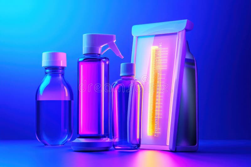 Colorful Display of Various Liquid Containers Under Neon Light Stock ...