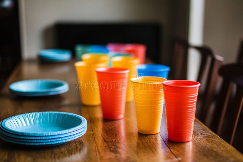 Colorful Disposable Plastic Cups and Dishes Placed on a Table. Waste ...