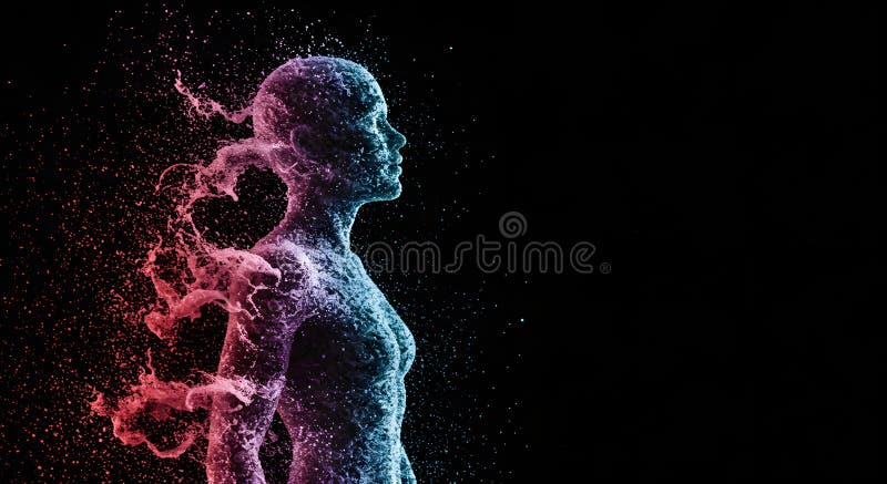 Colorful Dissolving Human Form on Black, Showcasing Art and Science ...