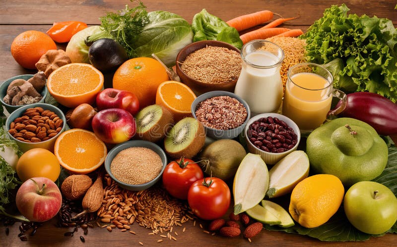 A Colorful and Diverse Array of Food Items is Arranged on a Wooden ...