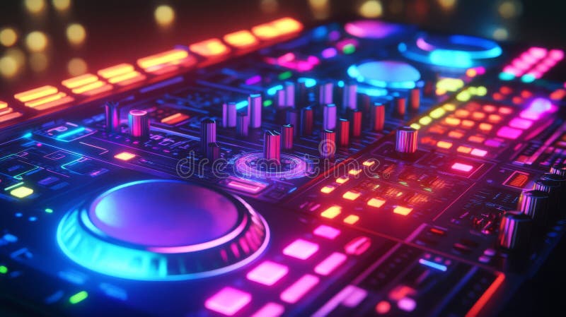 Colorful Dj Mixer with Neon Lights at Night Stock Illustration ...