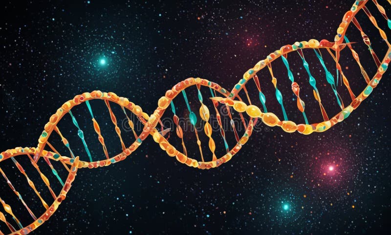 Colorful DNA Double Helix, with Starry Background and Three Small Dots ...