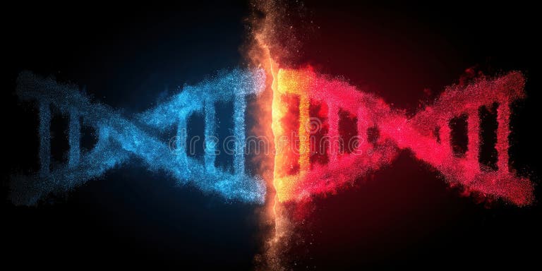 Colorful DNA Helix Representation with Blue and Red Particles in a ...