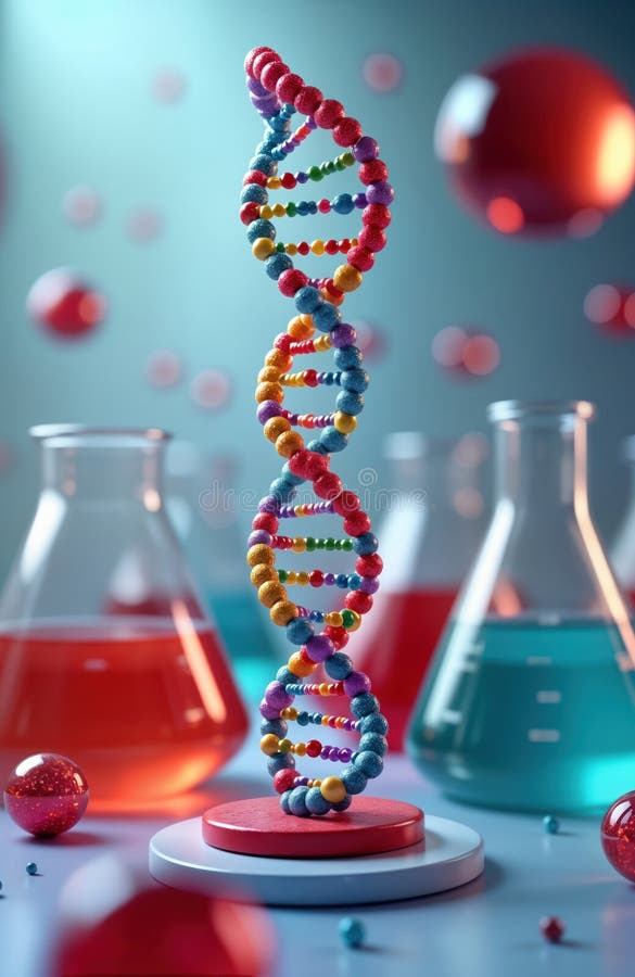 Colorful DNA Model Stands on Platform in Laboratory Setting. Colorful ...