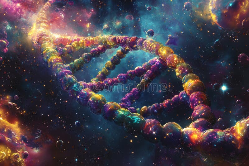 A Colorful DNA Strand Spinning through the Cosmos, Surrounded by ...