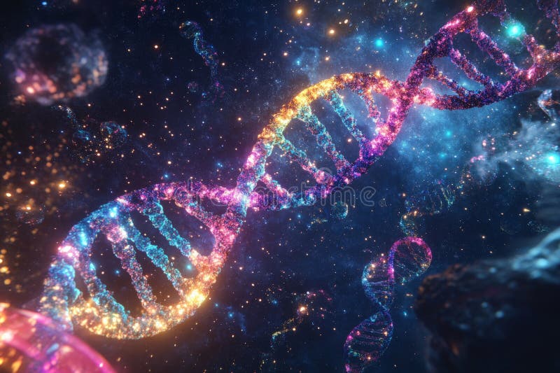 A Colorful DNA Strand Spinning through the Cosmos, Surrounded by ...