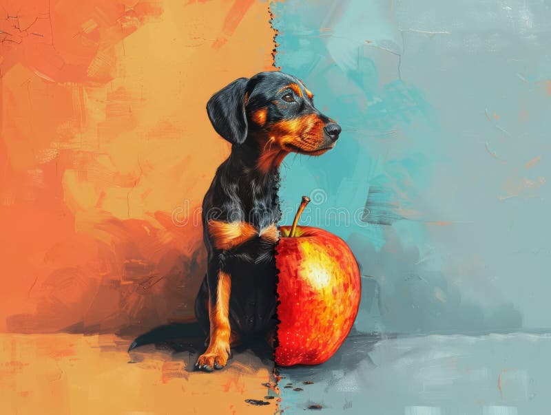 Colorful Dog Holding Apple Against Split Background of Warm and Cool ...