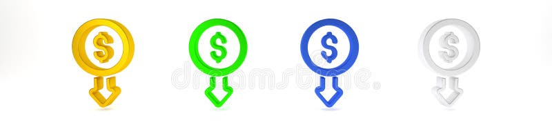 Colorful Dollar Rate Decrease Icon Isolated on White Background. Cost Reduction. Money Symbol ...