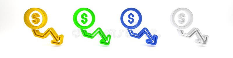 Colorful Dollar Rate Decrease Icon Isolated on White Background. Cost Reduction. Money Symbol ...