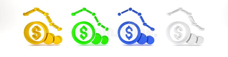 Colorful Dollar Rate Decrease Icon Isolated on White Background. Cost Reduction. Money Symbol ...