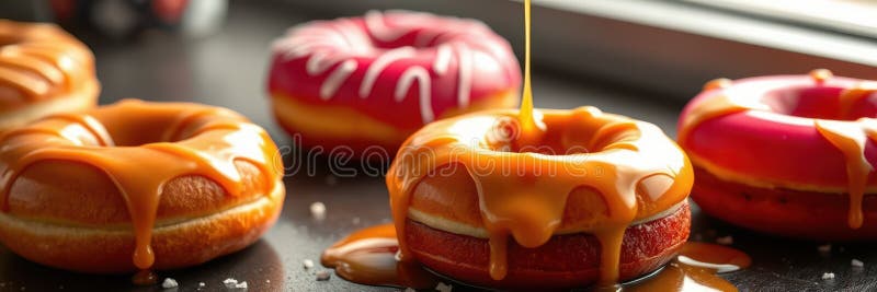 Deliciously Glazed Donuts with Caramel Drizzle Showcasing Vibrant ...