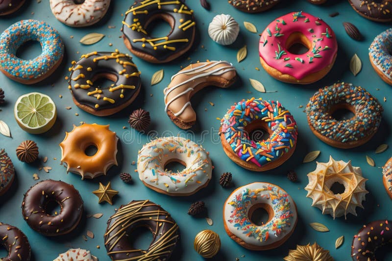 Colorful Donuts on Blue Background. Top View, Flat Lay Stock ...