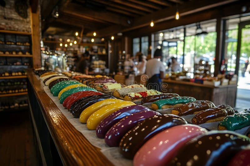 Colorful Donuts Display in a Rustic Bakery Setting Shop Stock Image ...