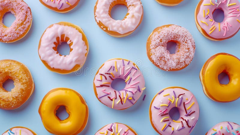 Colorful Donuts Pattern on Blue Background. Flat Lay, Top View ...