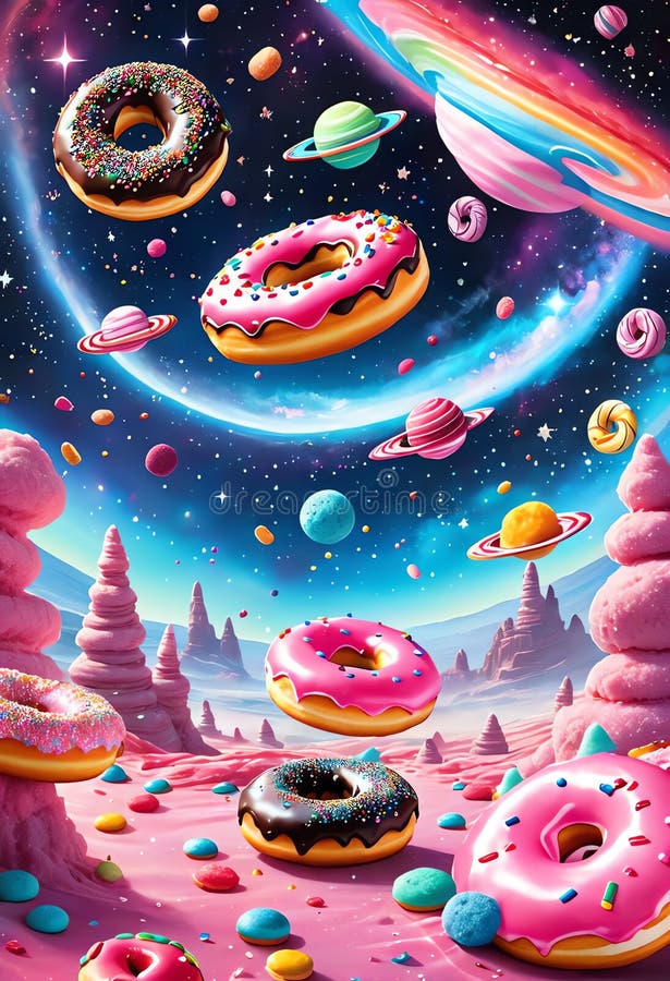 Colorful Donuts Poster with Fantasy Space and Planet Concept Stock ...