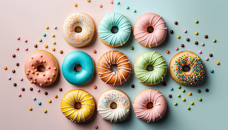 Colorful Donuts with Sprinkles on Pastel Background, Top View Stock ...