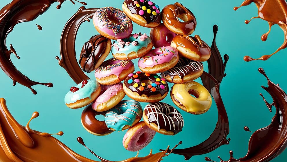 Colorful Donuts in a Vertical Stack with Teal Background Stock ...