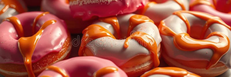 Colorful Donuts with Vibrant Icing and Caramel Drizzle Displayed on a ...