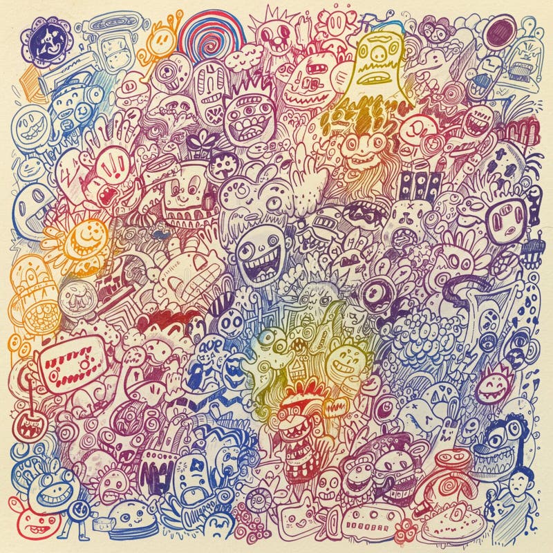 Colorful Doodle Artwork Featuring a Collection of Whimsical Characters ...