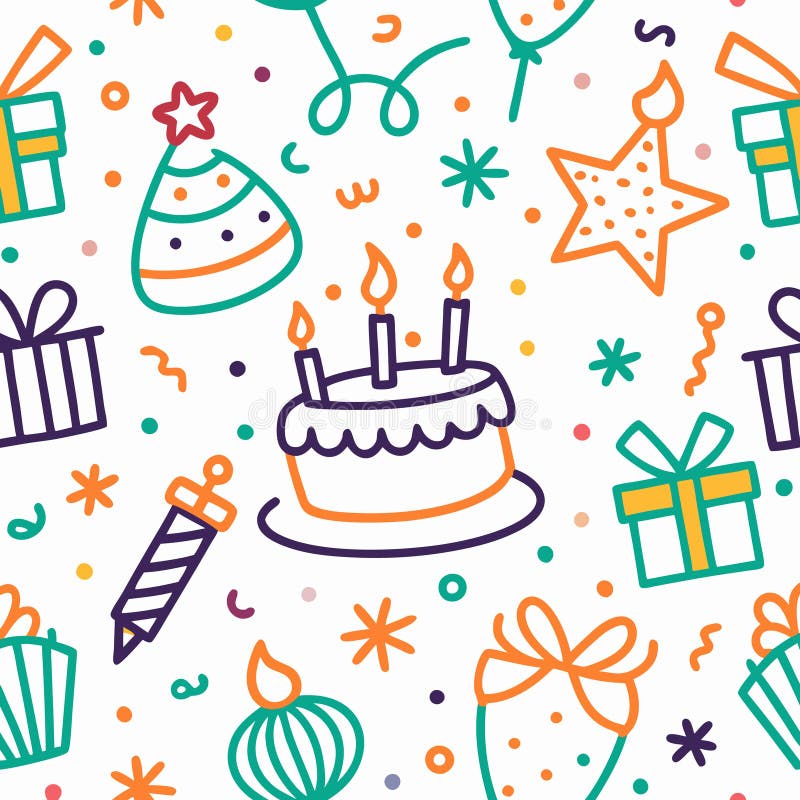 Colorful Doodle Birthday Party Seamless Pattern. (1 Stock Vector ...