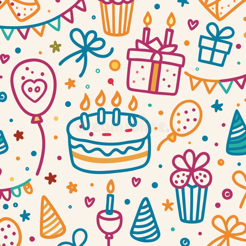 Colorful Doodle Birthday Party Seamless Pattern. (3 Stock Vector ...