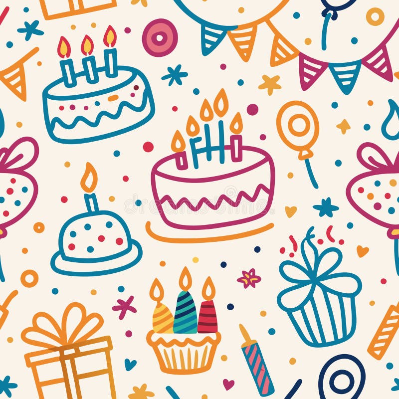 Colorful Doodle Birthday Party Seamless Pattern. (5 Stock Vector ...