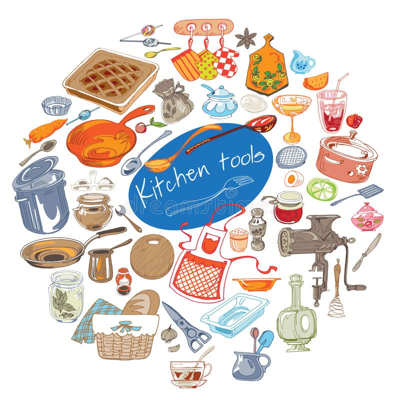 Colorful Doodle Kitchen Tools Concept Stock Vector - Illustration of ...