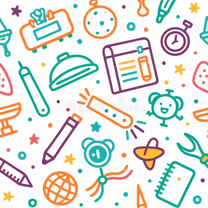 Colorful Doodle Pattern of Stationery, Tools, and Time-related Icons ...