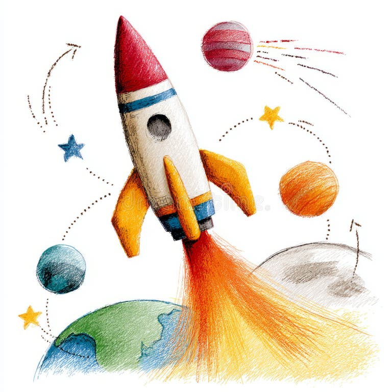 Colorful Doodle of a Rocket Launching into Outer Space with Planets ...