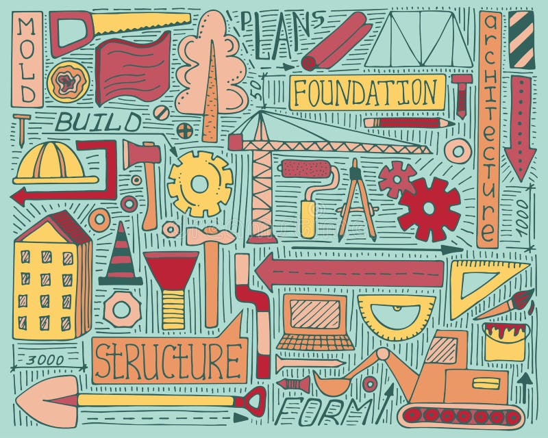 Colorful Doodle Set with Construction, Design and Mechanism Stock ...