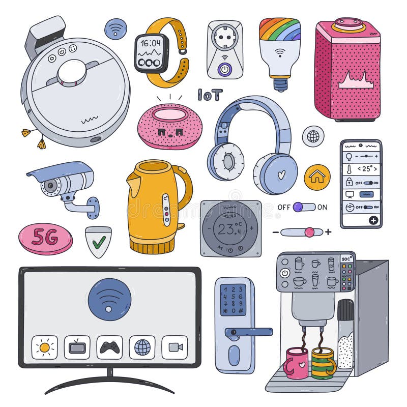 Colorful Doodle Set of Smart Devices for Entertainment, Secure, Clean ...