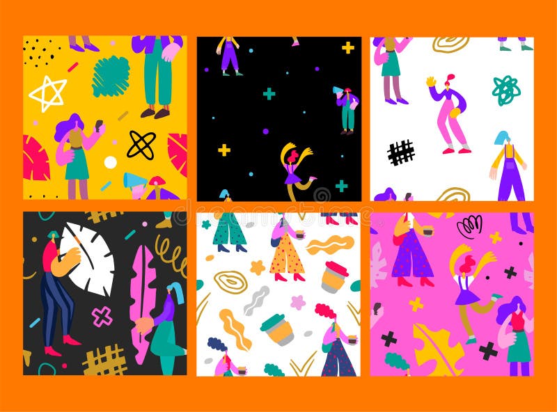 Colorful Doodle Trendy Women Characters on Seamless Pattern Set for ...