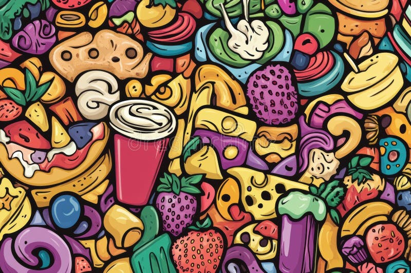 Colorful Doodles Display a Delightful Array of Foods Such As Pizza, Ice ...