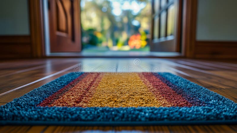 Colorful Doormat in Front of an Open Door, Garden in the Background ...