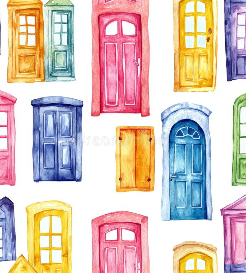 Colorful Doors Depicted in a Seamless Watercolor Pattern, Created by ...