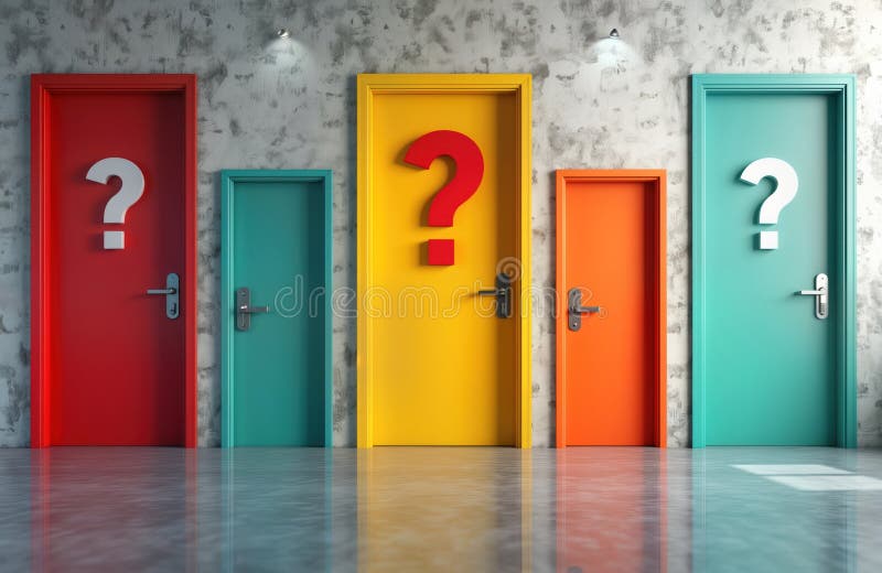 Colorful Doors with Question Marks Represent Career Choices, Decisions ...