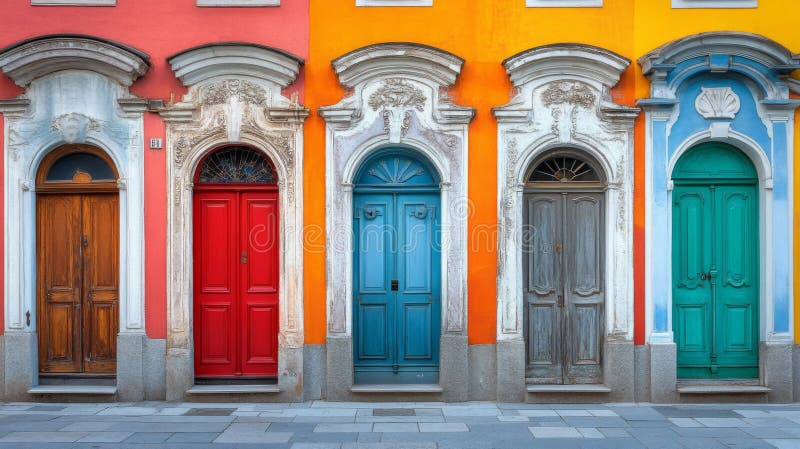 Colorful Doors in a Row of Old Buildings Stock Illustration ...
