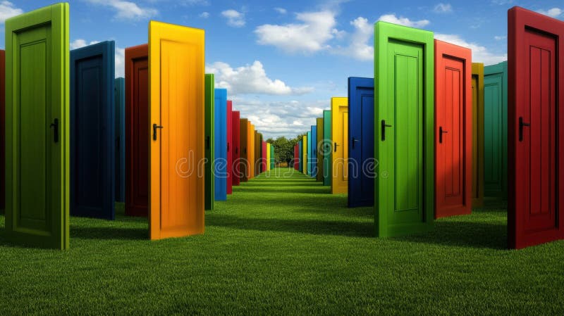 Colorful Doors Stand Open in a Grassy Field Under a Bright Blue Sky, AI ...