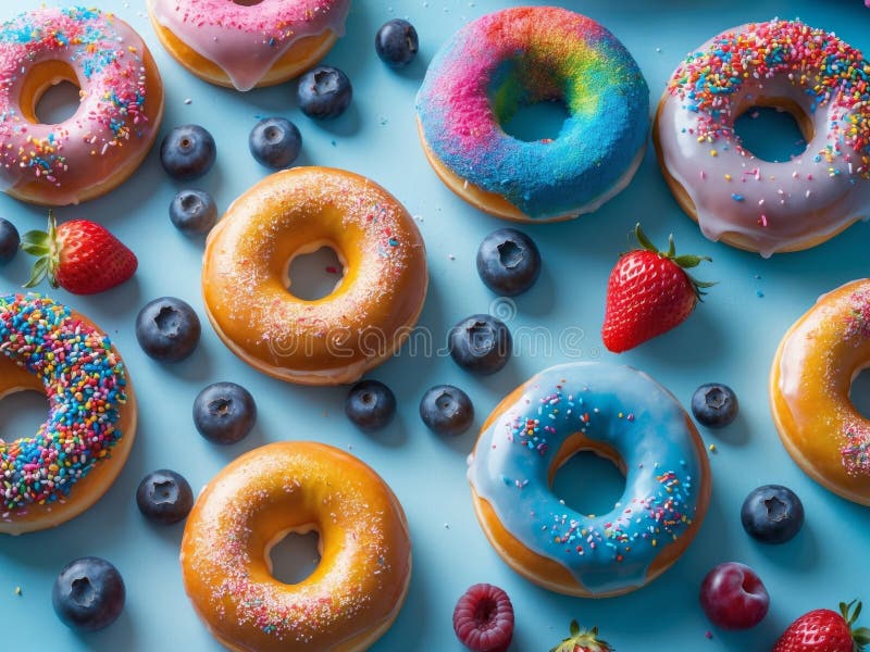 Colorful Doughnuts and Fresh Berries on a Blue Background. Stock Image ...