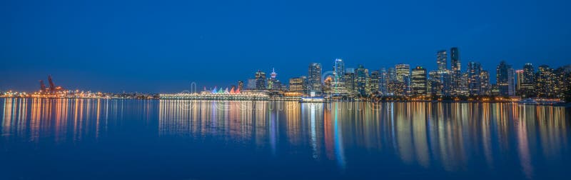 Colorful Downtown Vancouver in Blue Evening at Stanley Park Editorial ...