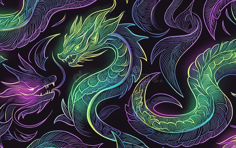 Colorful Dragon Designs with Intricate Patterns on a Dark Background ...