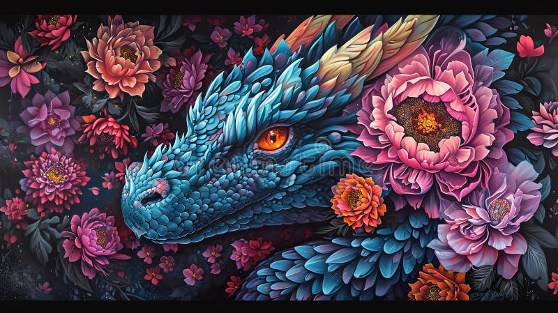 Colorful Dragon in Flowers stock illustration. Illustration of spring ...