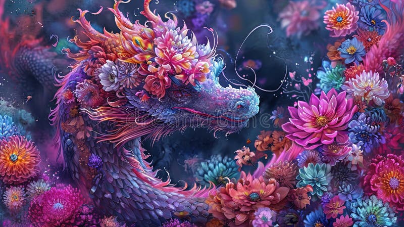 Colorful Dragon in Flowers stock illustration. Illustration of bloom ...