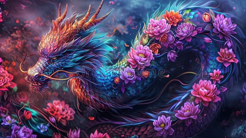 Colorful Dragon in Flowers stock illustration. Illustration of bouquet ...